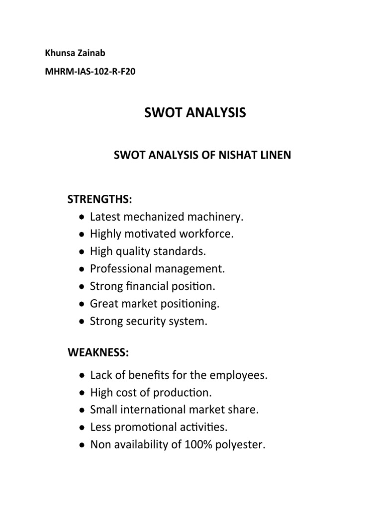 Swot Analysis of Nishat Linen | PDF