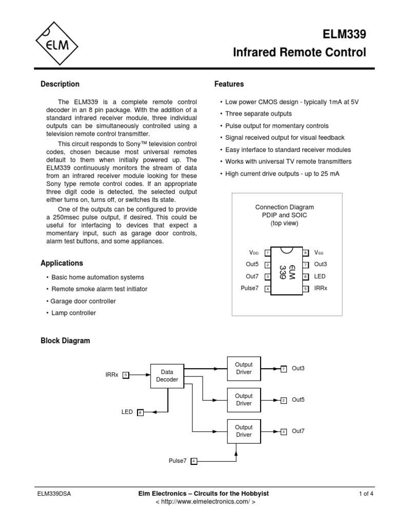 ELM339 Infrared Remote Control: Description Features | PDF | Remote ...