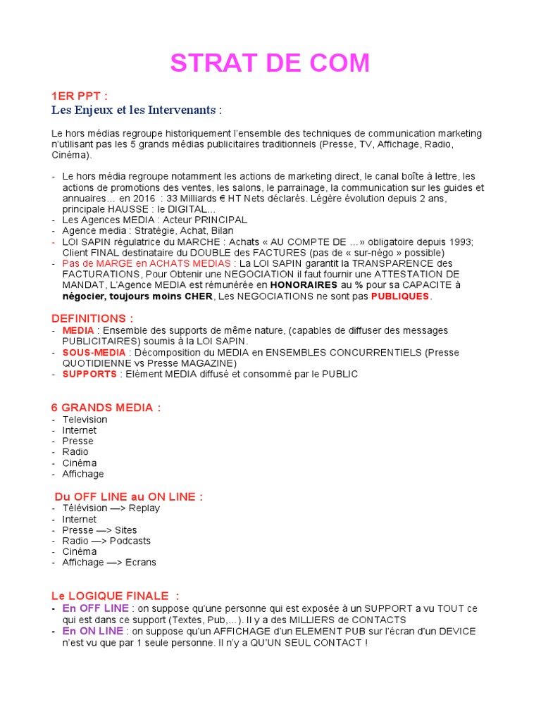 Strat de Com COURS | PDF | Publicité | Média (Communication)