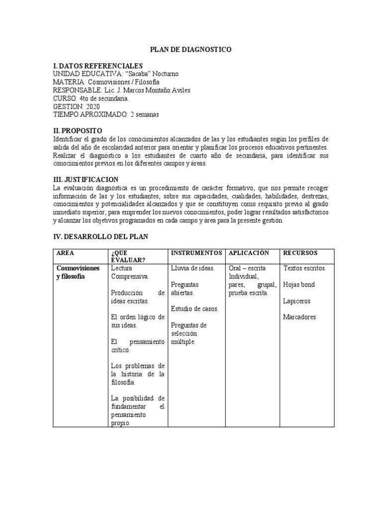 Plan de Diagnostico | PDF | Evaluación | Cognición