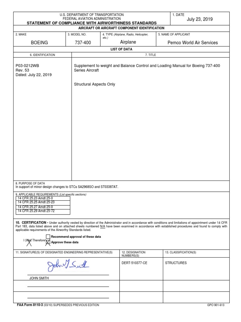 July 23, 2019: Statement of Compliance With Airworthiness Standards ...