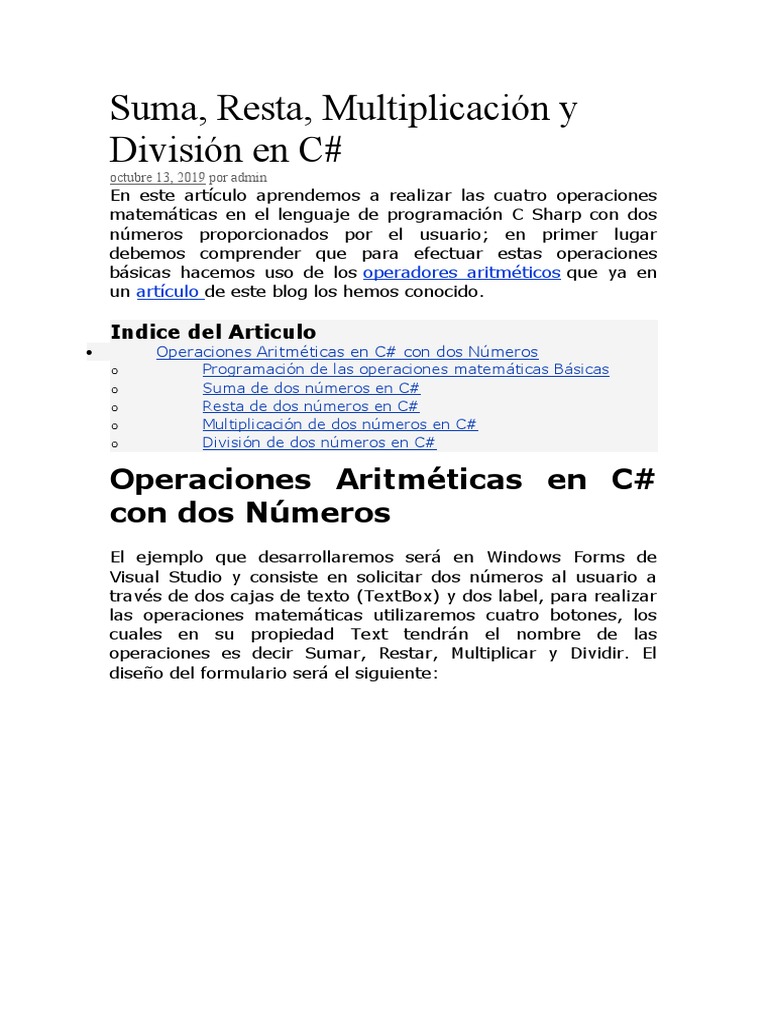 Suma Resta Multiplicación y División en C | PDF | C Sharp (lenguaje de ...