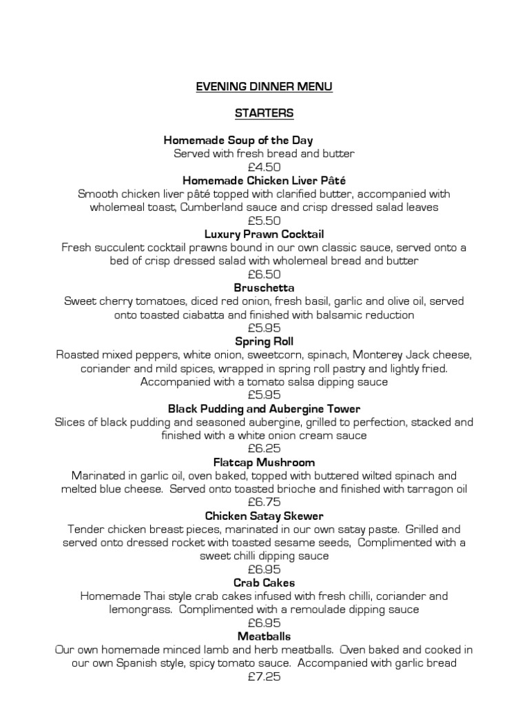 Evening Dinner Menu Starters Homemade Soup of The Day | PDF | Cooking ...