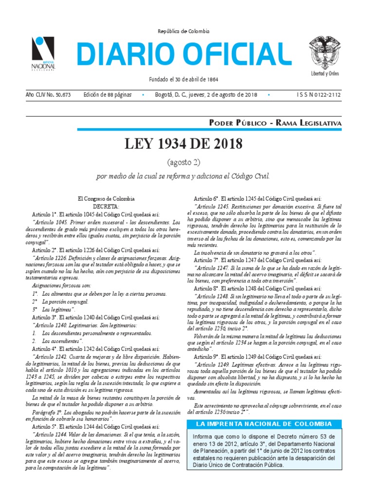 Ley 1934 de 2018. | PDF | Colombia | Organización Internacional del Trabajo