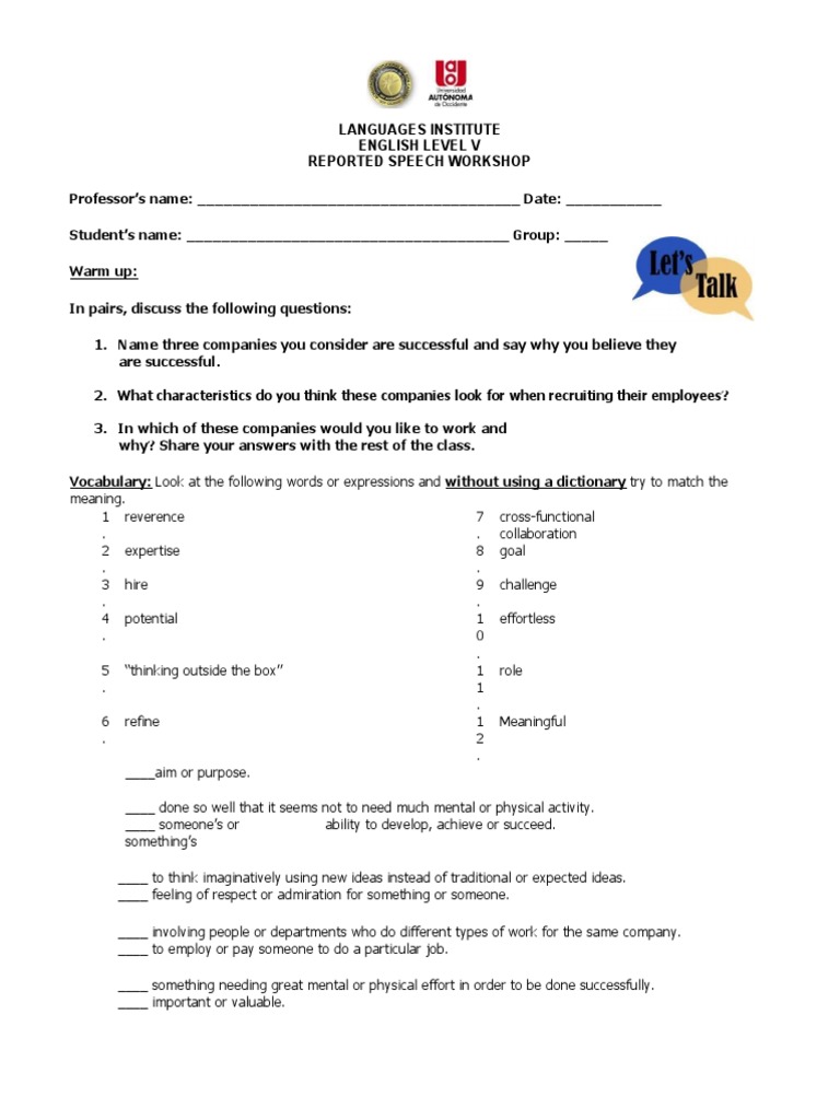 Reported Speech Workshop for English V | PDF | Verb | Syntax