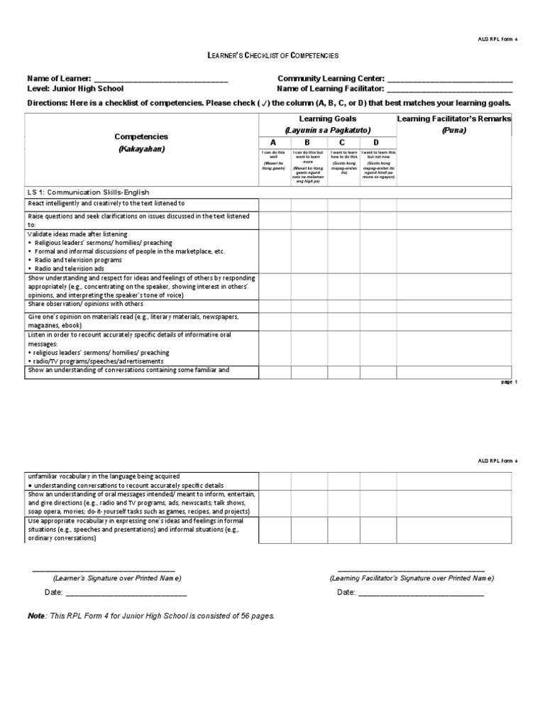 RPL 4 - Learner - S Checklist of Competencies (JHS) | PDF | Sermon ...