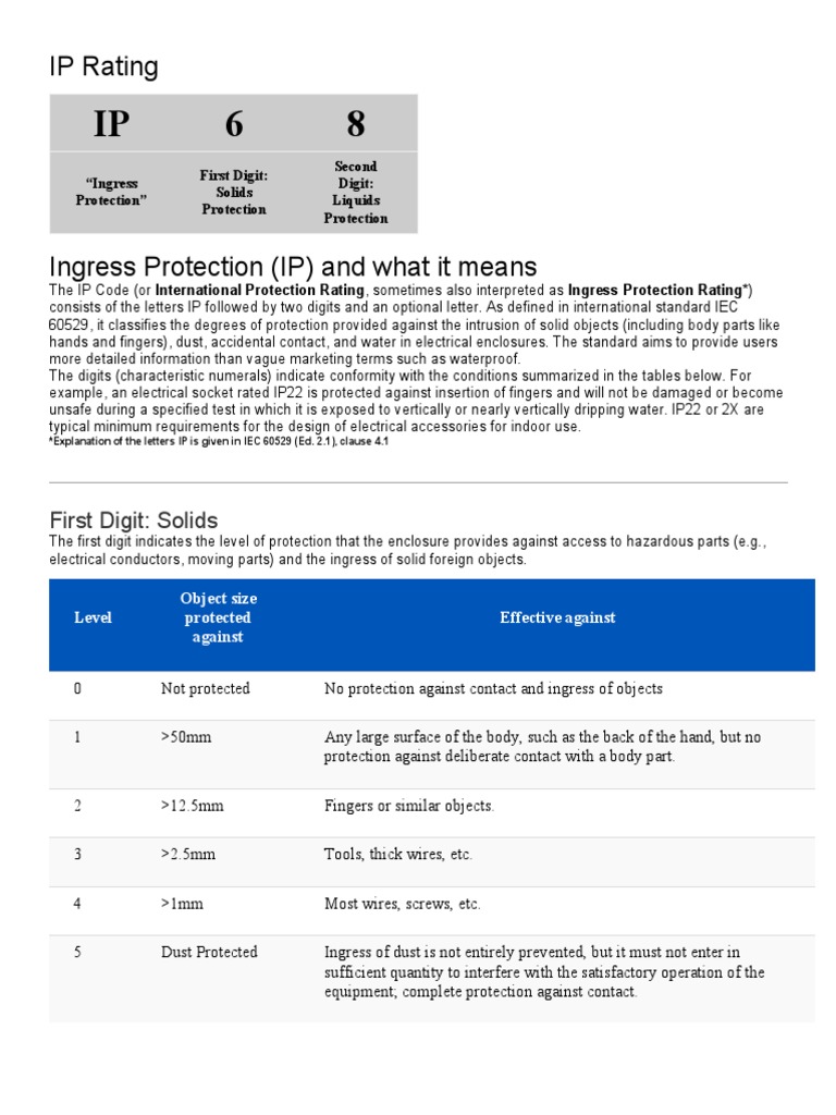 IP Rating: First Digit: Solids | PDF | Electrical Engineering ...