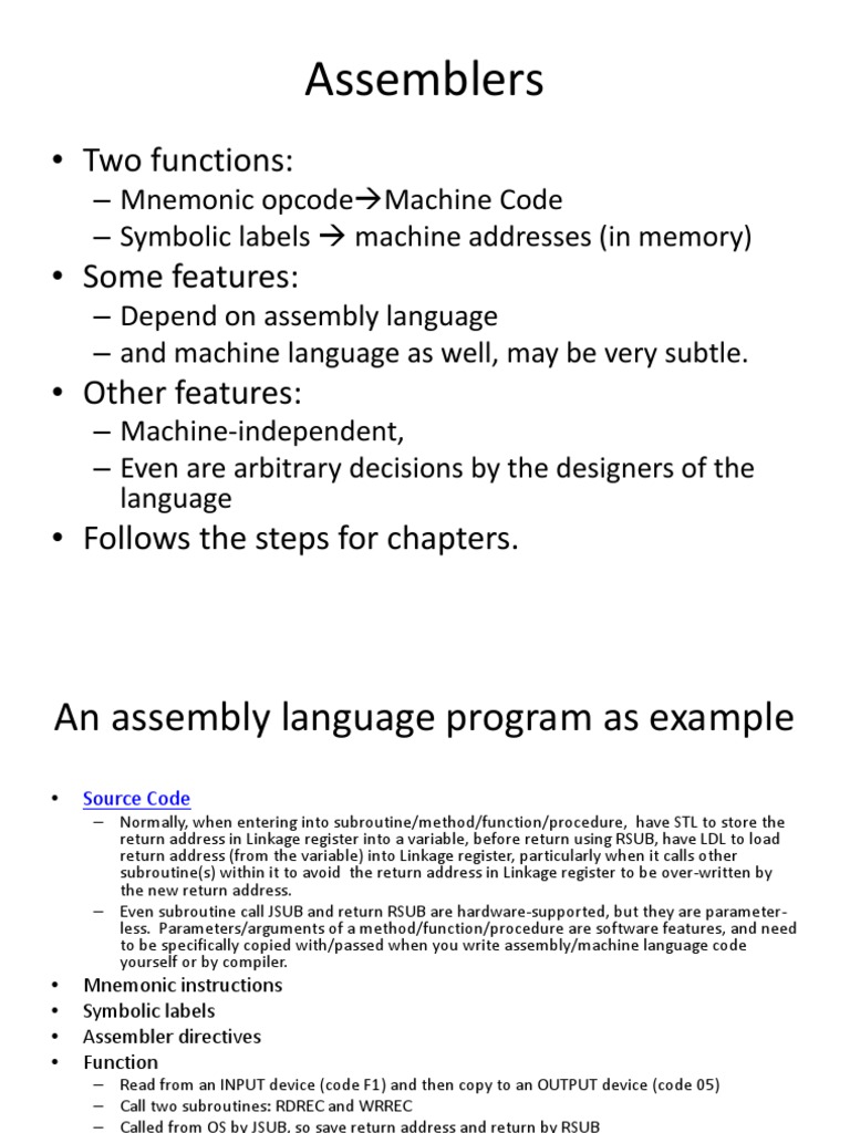 Assemblers: - Two Functions: - Some Features: - Other Features | PDF | Assembly Language ...