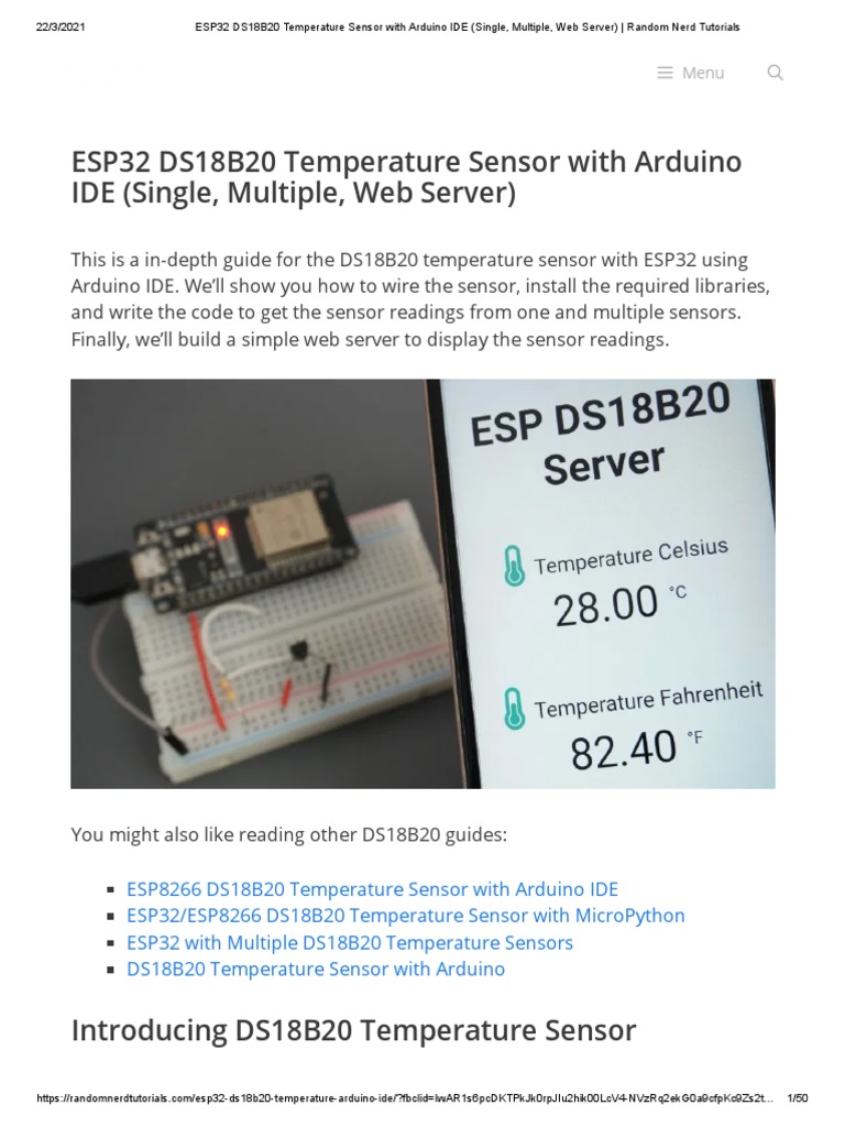 Esp32 Ds18b20 Temperature Sensor With Arduino Ide Single Multiple Web Server Random Nerd