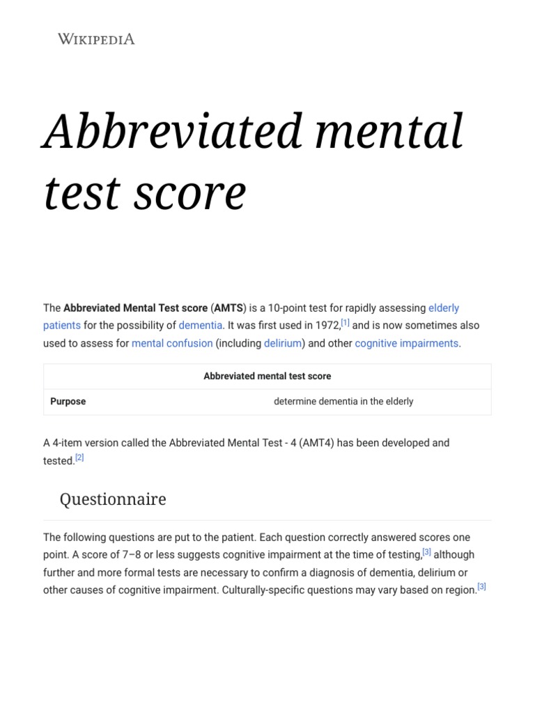 Abbreviated Mental Test Score - Wikipedia | PDF | Dementia | Health ...