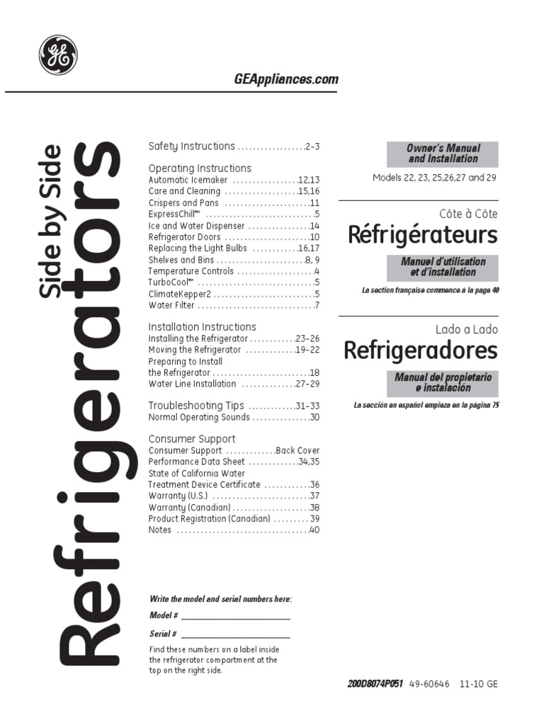 GE Side by Side Refrigerator Parts Manual | PDF | Refrigerator | Ac ...