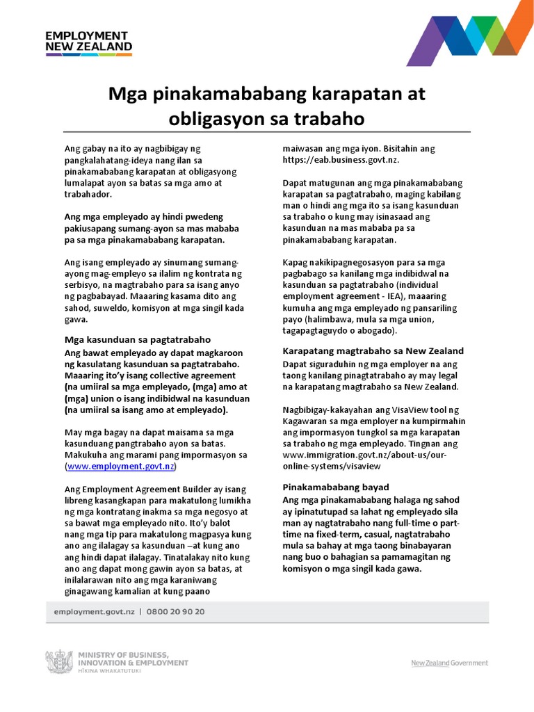 Minimum Employment Rights and Responsibilities Tagalog Translation | PDF