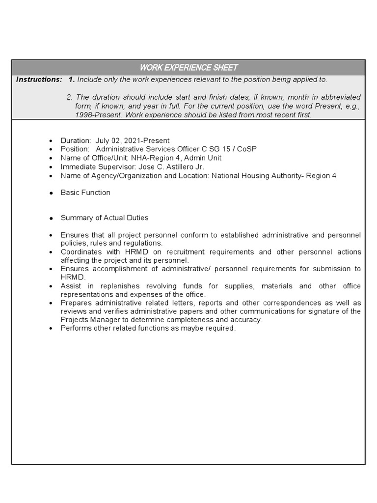 JED Cs Form No. 212 Attachment Work Experience Sheet | PDF | Economies ...