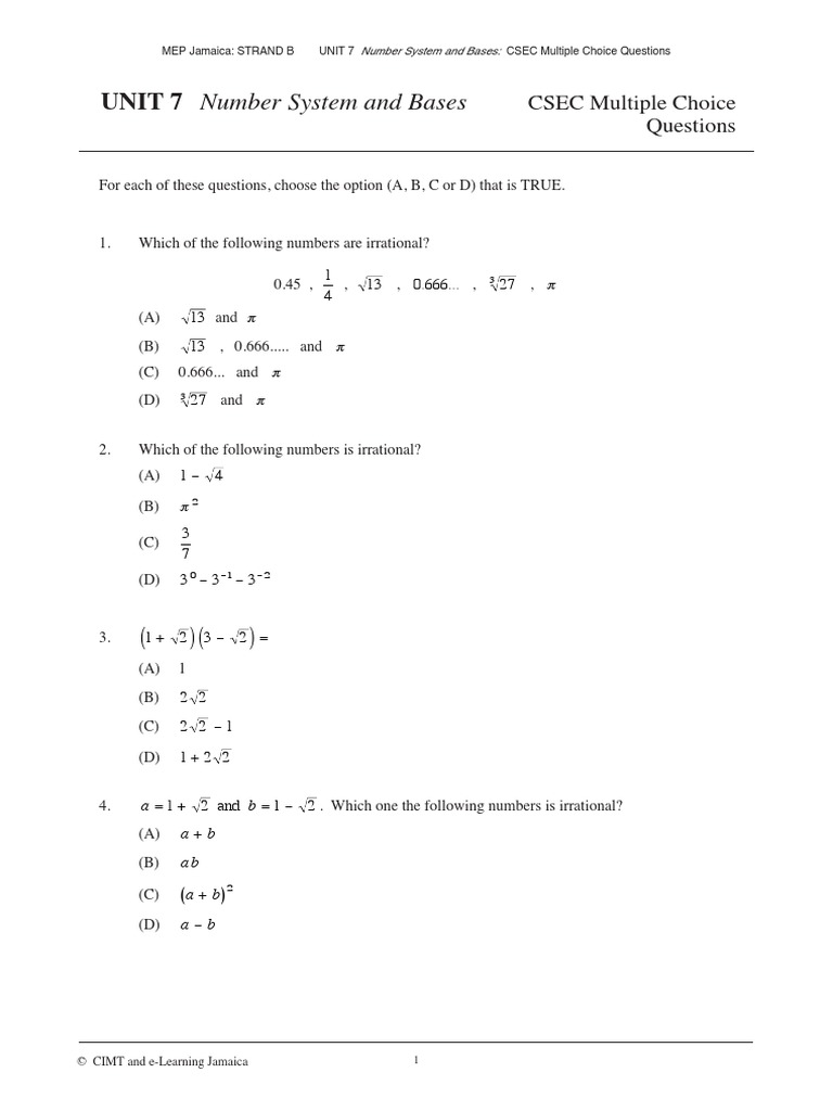 UNIT 7 Number System and Bases: CSEC Multiple Choice Questions | PDF ...
