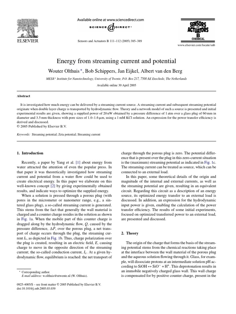 Energy From Streaming Current and Potential | PDF | Electrical ...
