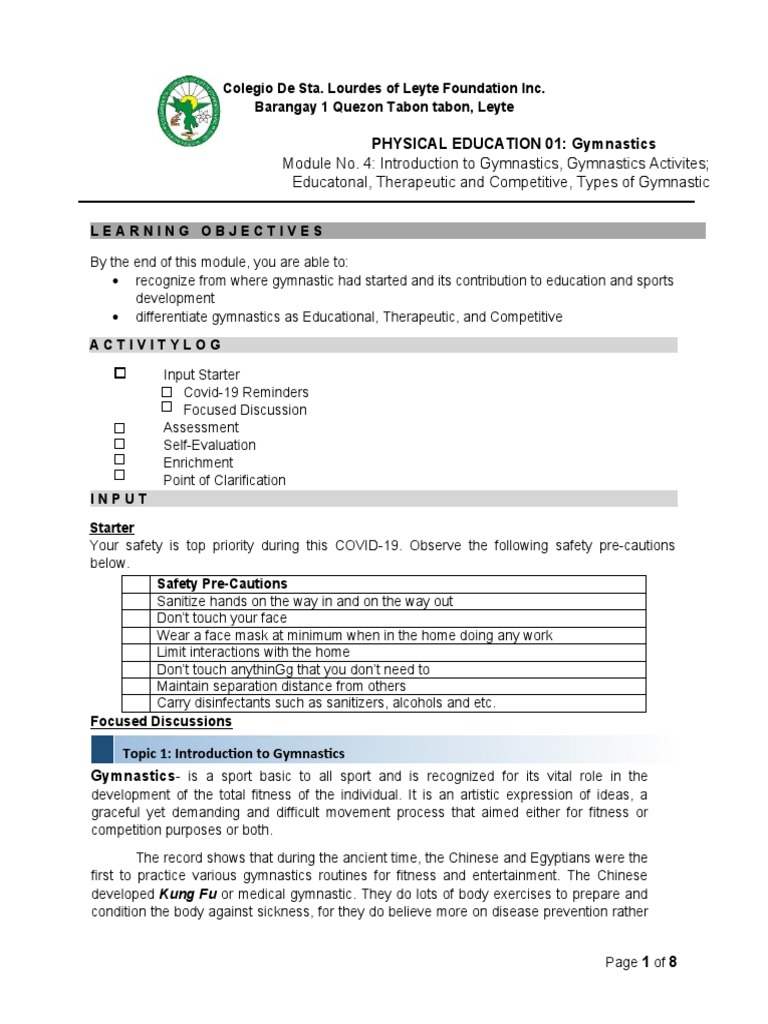 PHYSICAL EDUCATION 01: Gymnastics | PDF | Gymnastics | Physical Exercise