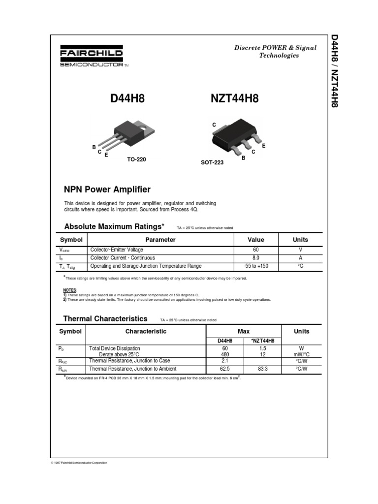 D44H8 NZT44H8: NPN Power Amplifier | PDF | Bipolar Junction Transistor ...