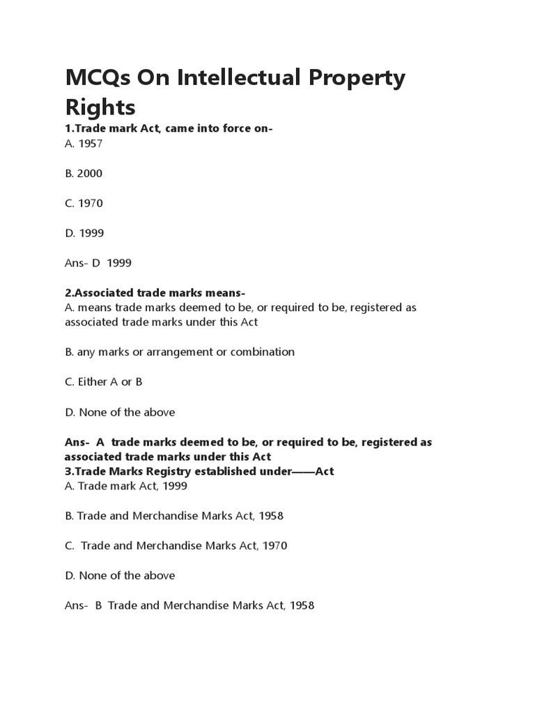 Mcqs On Intellectual Property Rights: 1.trade Mark Act, Came Into Force ...