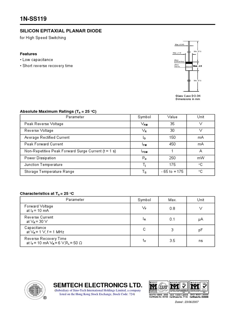 Silicon Epitaxial Planar Diode: Semtech Electronics LTD | PDF | Diode ...