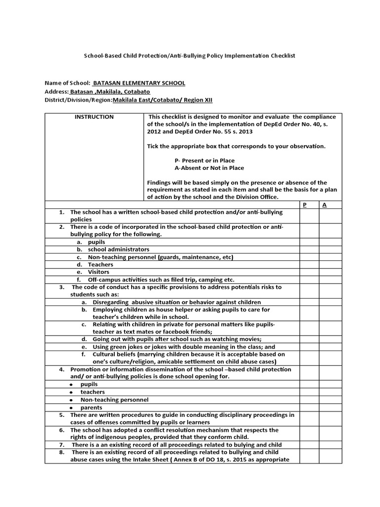 School-Based Child Protection Checklist | PDF | Bullying | Teachers