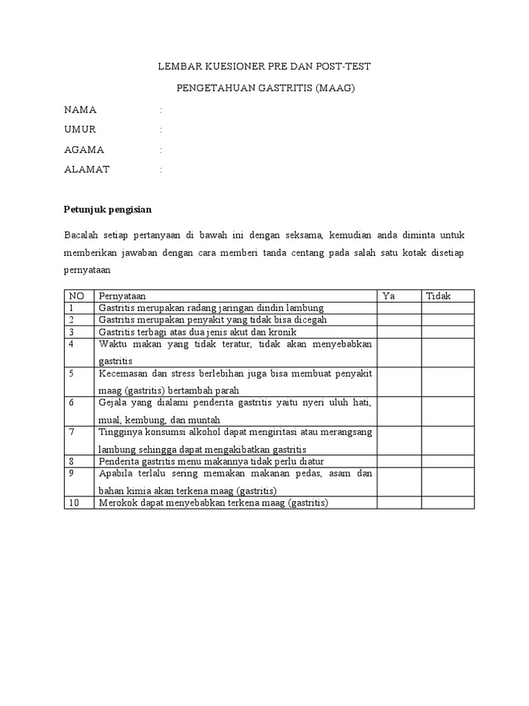 Lembar Kuesioner Pengetahuan Gastritis | PDF