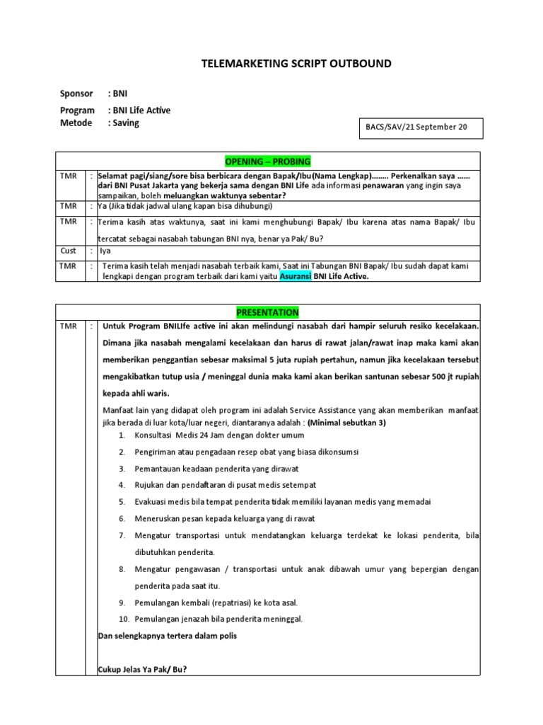 Telemarketing Script Produk Kecelakaan - Active - Saving | PDF