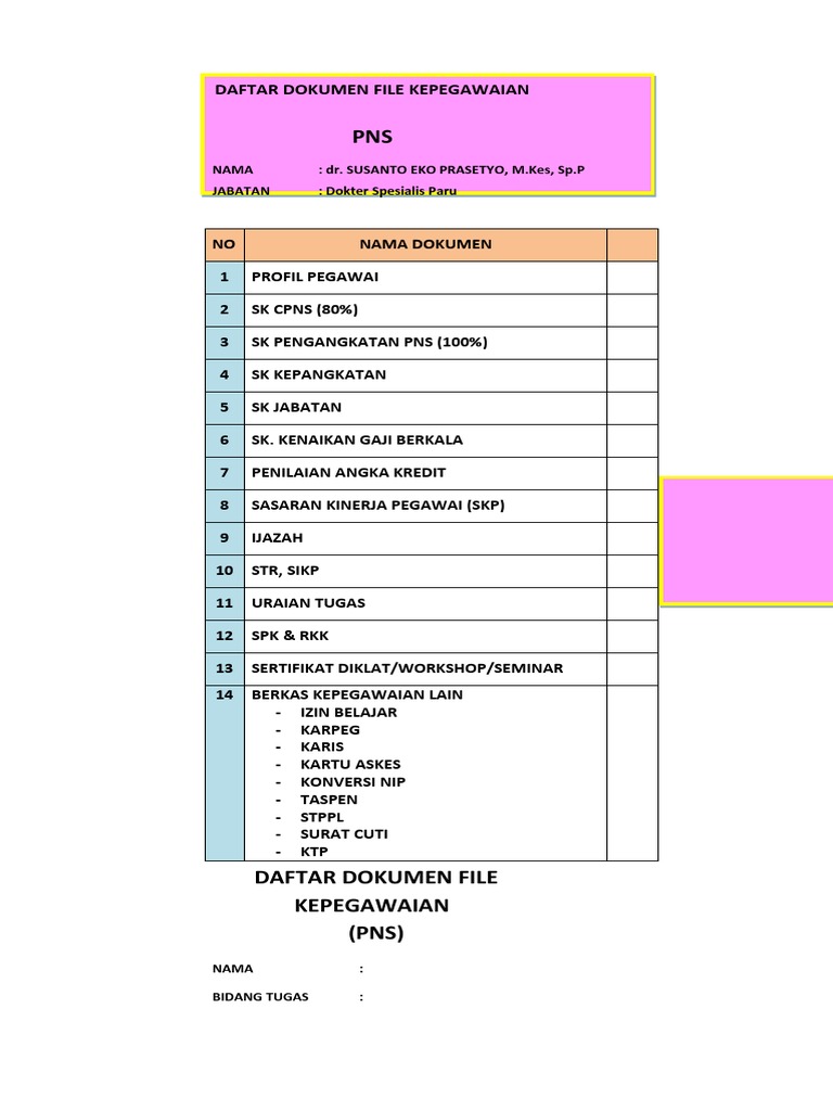 Daftar Dokumen File Kepegawaian | PDF