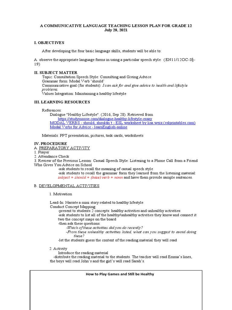 A Communicative Language Teaching Lesson Plan For | PDF | Verb | Lesson ...