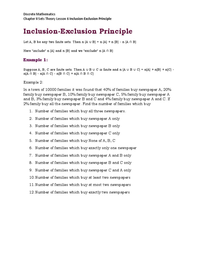 Inclusion-Exclusion Principle: Example 1 | PDF | Mathematics | Discrete ...