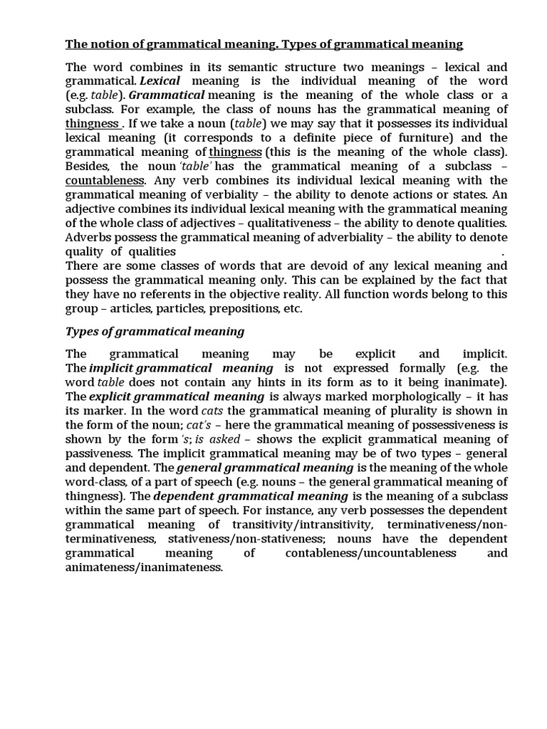 The Notion of Grammatical Meaning. Types of Grammatical Meaning | PDF ...