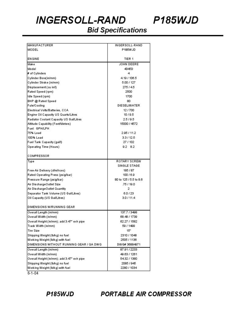 Ingersoll-Rand P185Wjd: Bid Specifications | PDF | Trailer (Vehicle ...