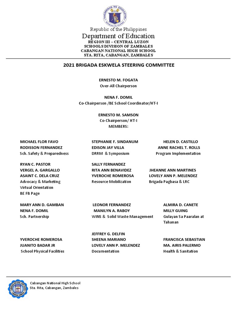 Department of Education: 2021 Brigada Eskwela Steering Committee | PDF ...