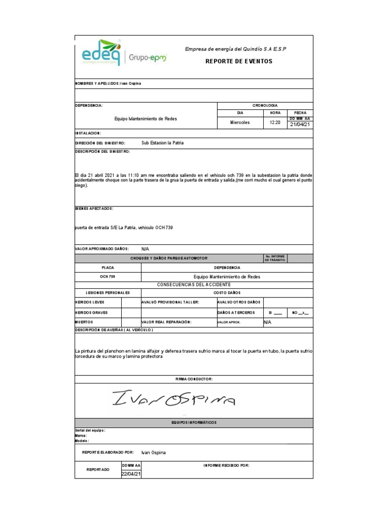 Formato Reporte Siniestro Vehiculo | PDF