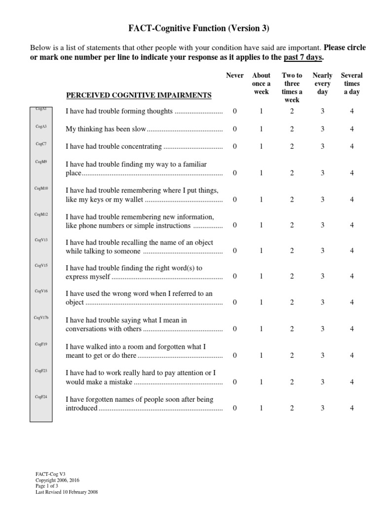 FACT-Cognitive Function (Version 3) | PDF | Thought | Behavioural Sciences