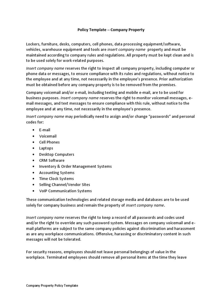 Company Property Use Policy Template | PDF | Voicemail | Internet