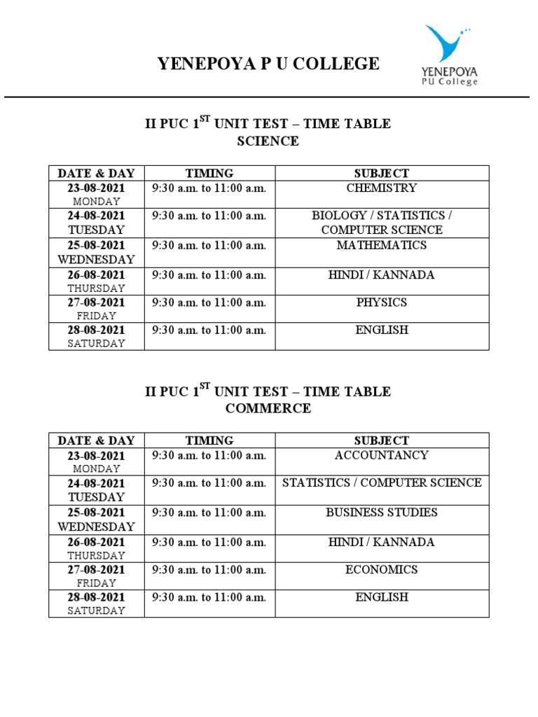 Time Table - August Unit Test | PDF