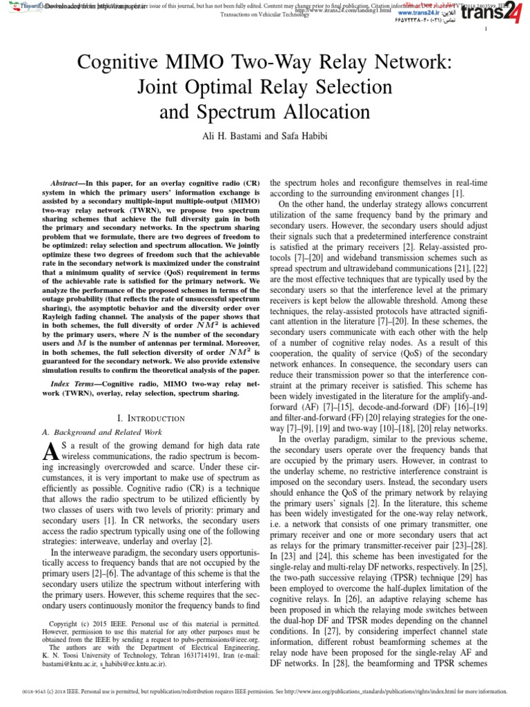 Cognitive MIMO Two-Way Relay Network Joint Optimal Relay Selection and Spectrum Allocation | PDF ...