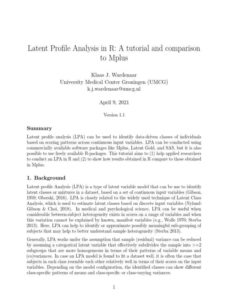 Latent Profile Analysis in R: A Tutorial and Comparison To Mplus | PDF | Statistical ...
