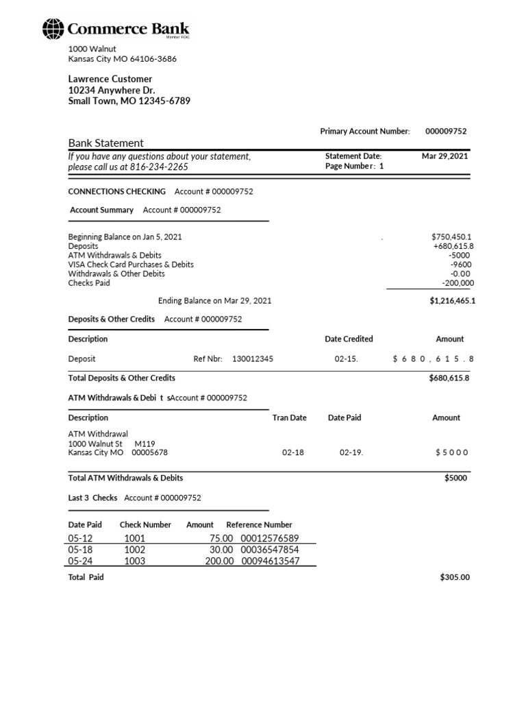 Bank Statement: Lawrence Customer 10234 Anywhere Dr. Small Town, MO 12345-6789 | PDF | Debit ...