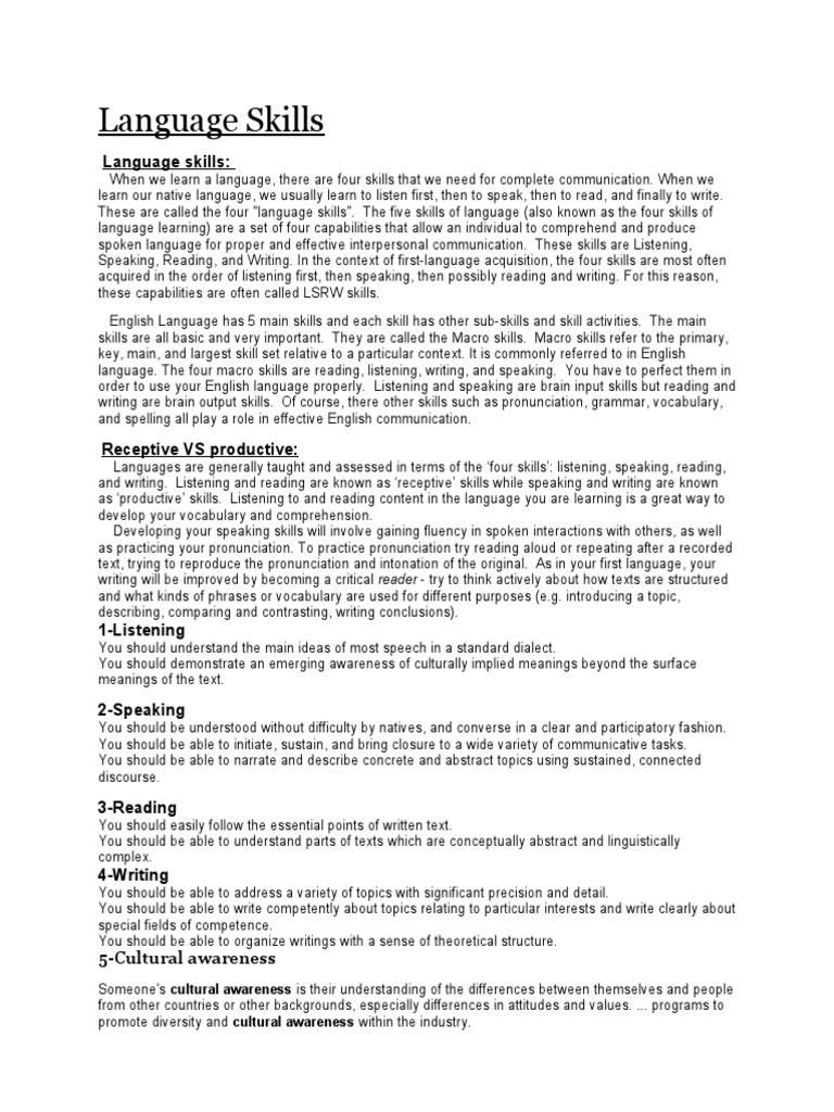 Language Skills | PDF | Speech | Language Acquisition