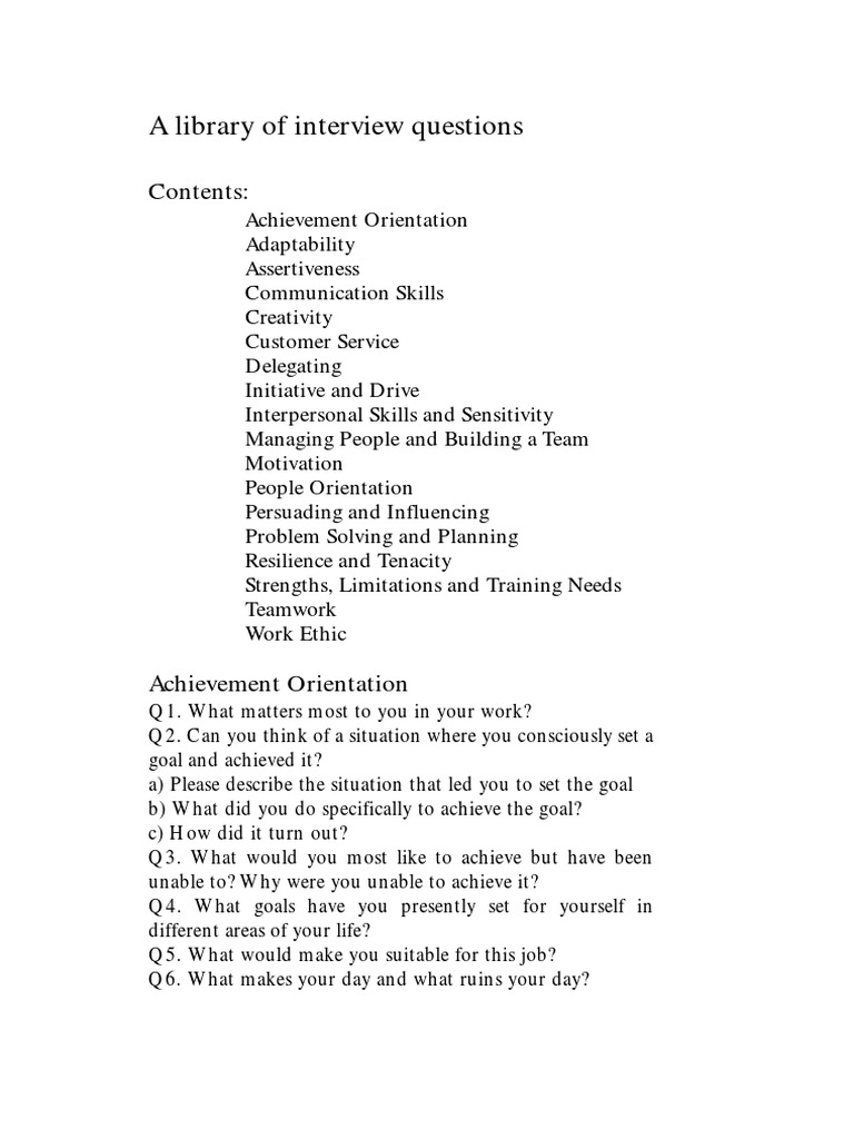 A Library of Interview Questions | PDF | Psychological Resilience ...