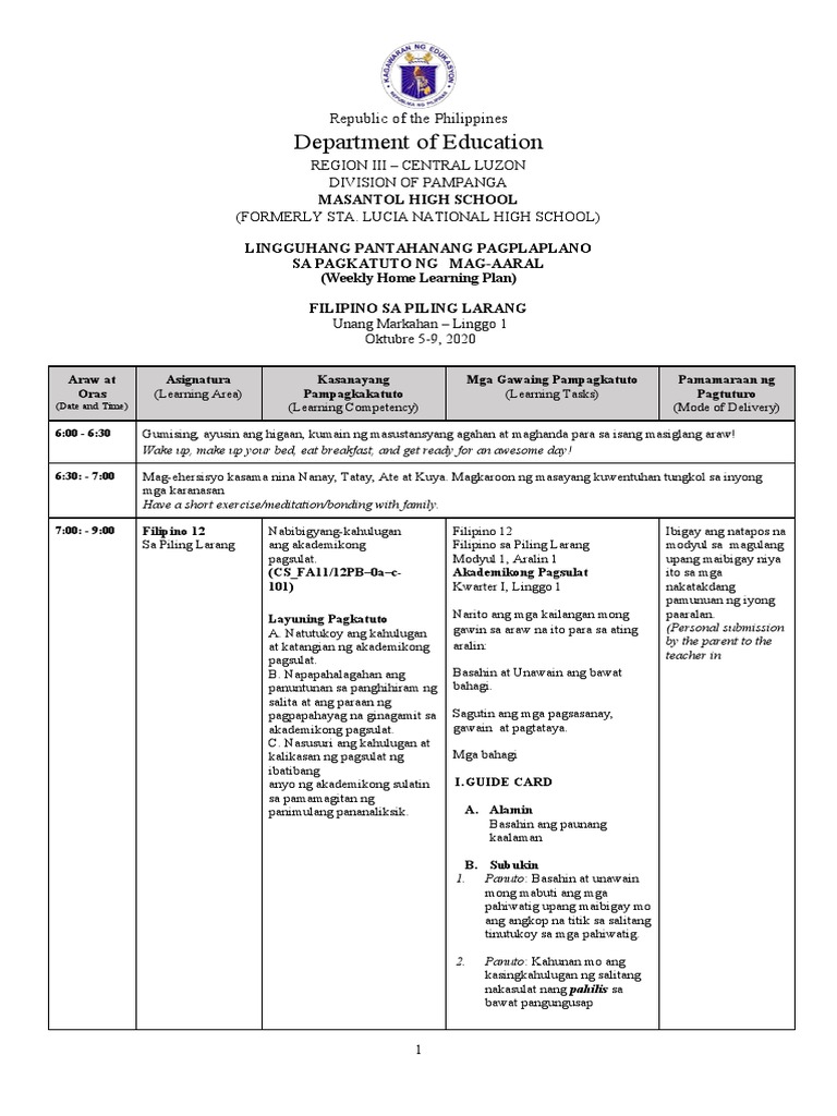 WHLP-Week-1 - 2nd SEM - FSPL Grade-12-Filipino | PDF
