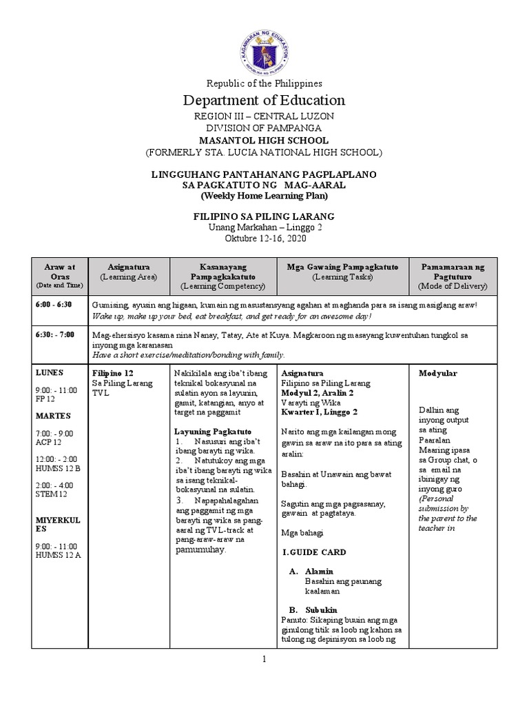 WHLP Week 2 1st SEM TVL FSPL Grade 12 Filipino | PDF
