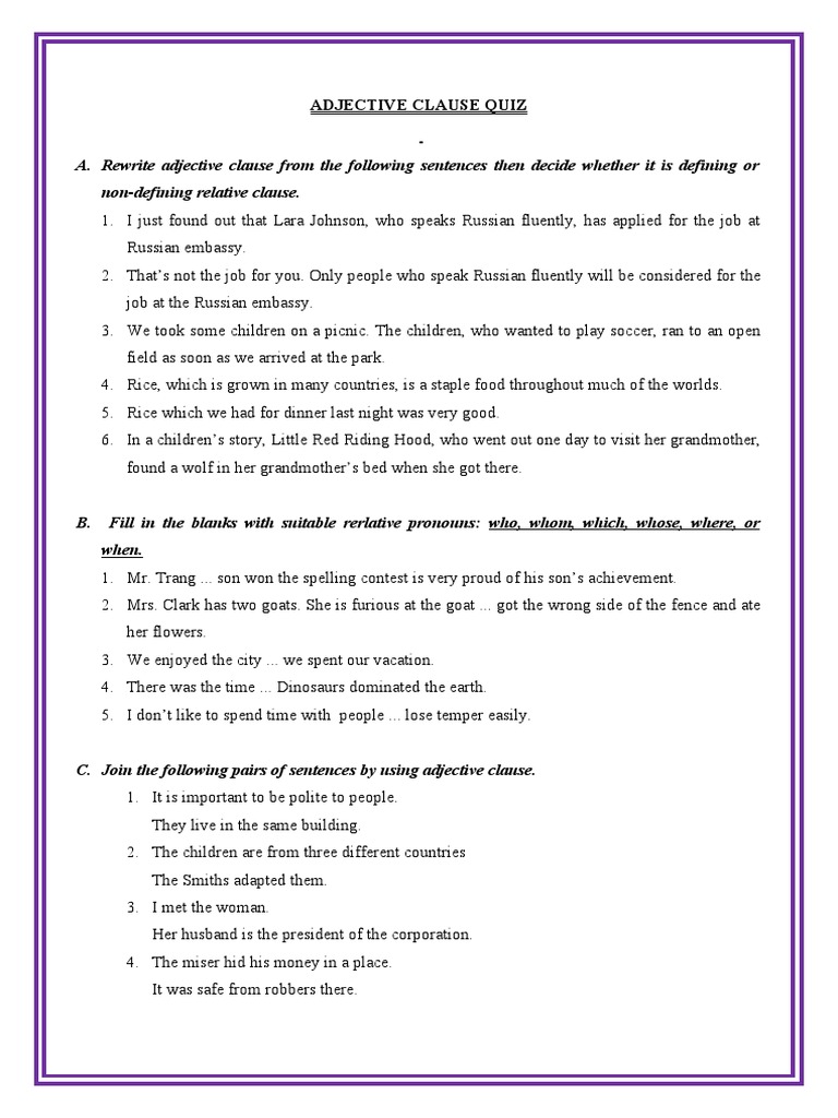 Adjective Clause Quiz | PDF