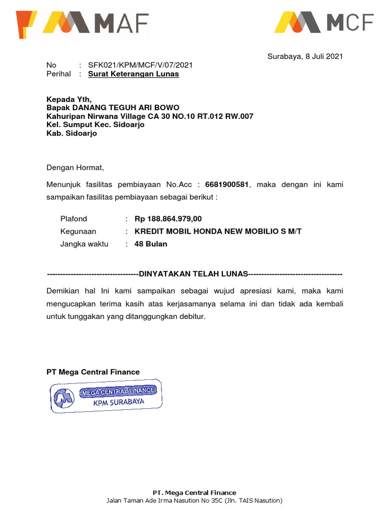 MAF - MCF Keterangan Lunas | PDF