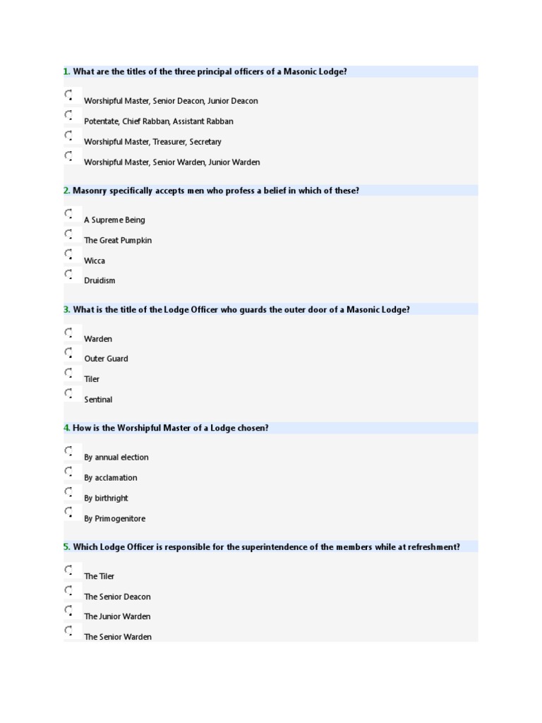 Masonic Lodge Officer Titles Quiz | PDF | Home & Garden | Religion ...