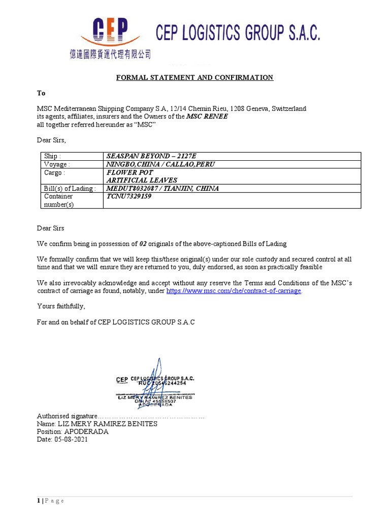Formal Statement and Confirmation | PDF