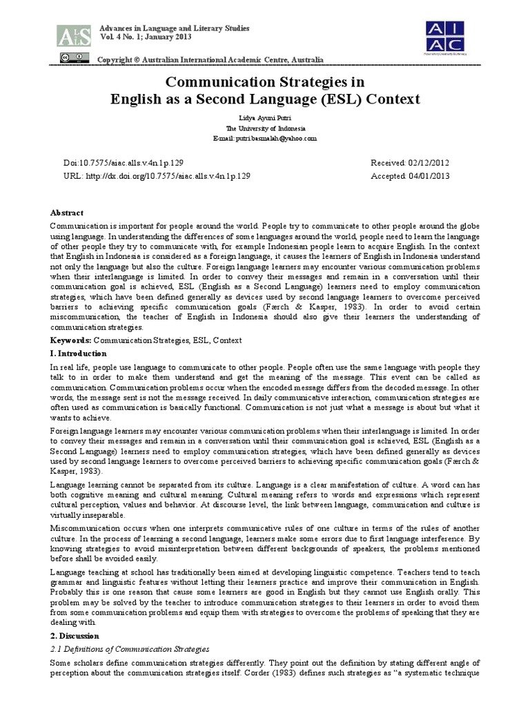 Communication Strategies in English As A Second Language (ESL) Context ...
