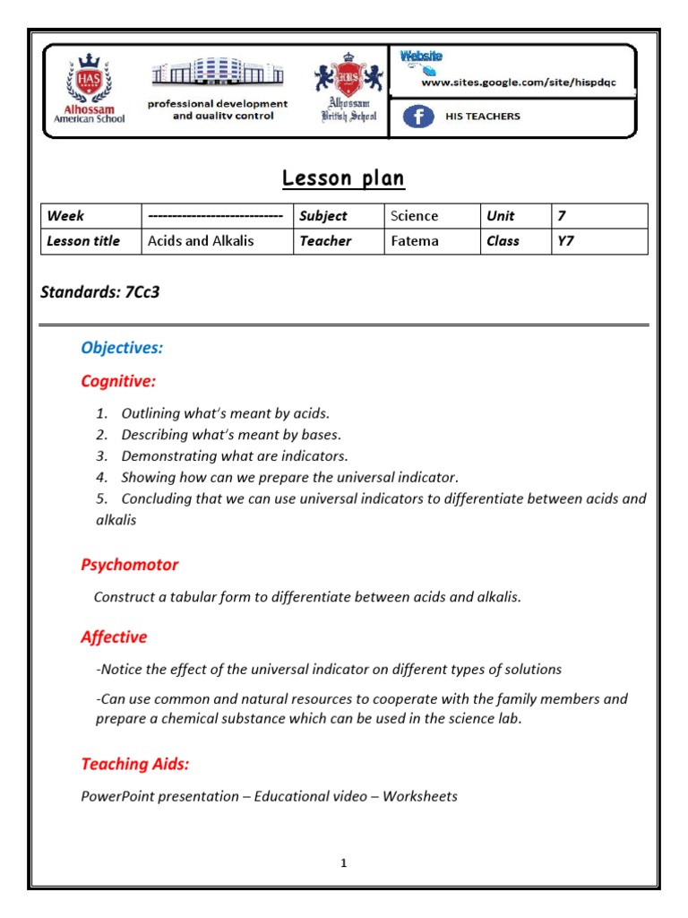 Science Lesson Plan-Acids and Alkalis | PDF | Educational Assessment | Acid
