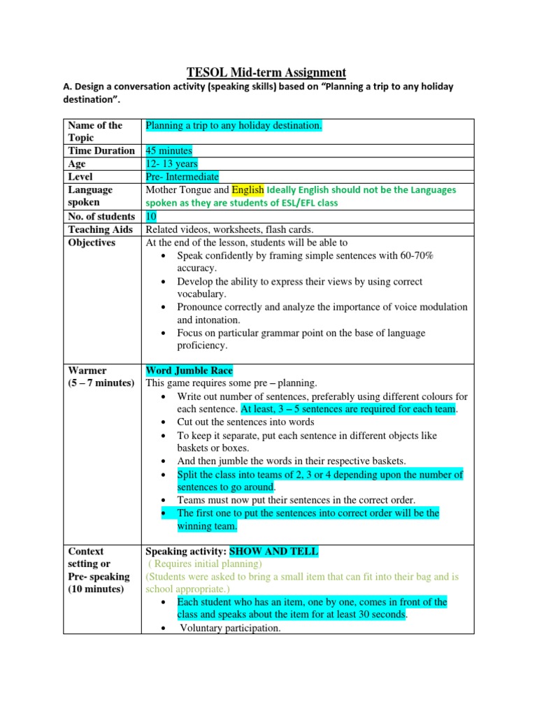 TESOL Lesson Plan: Planning a Trip | PDF | English As A Second Or ...